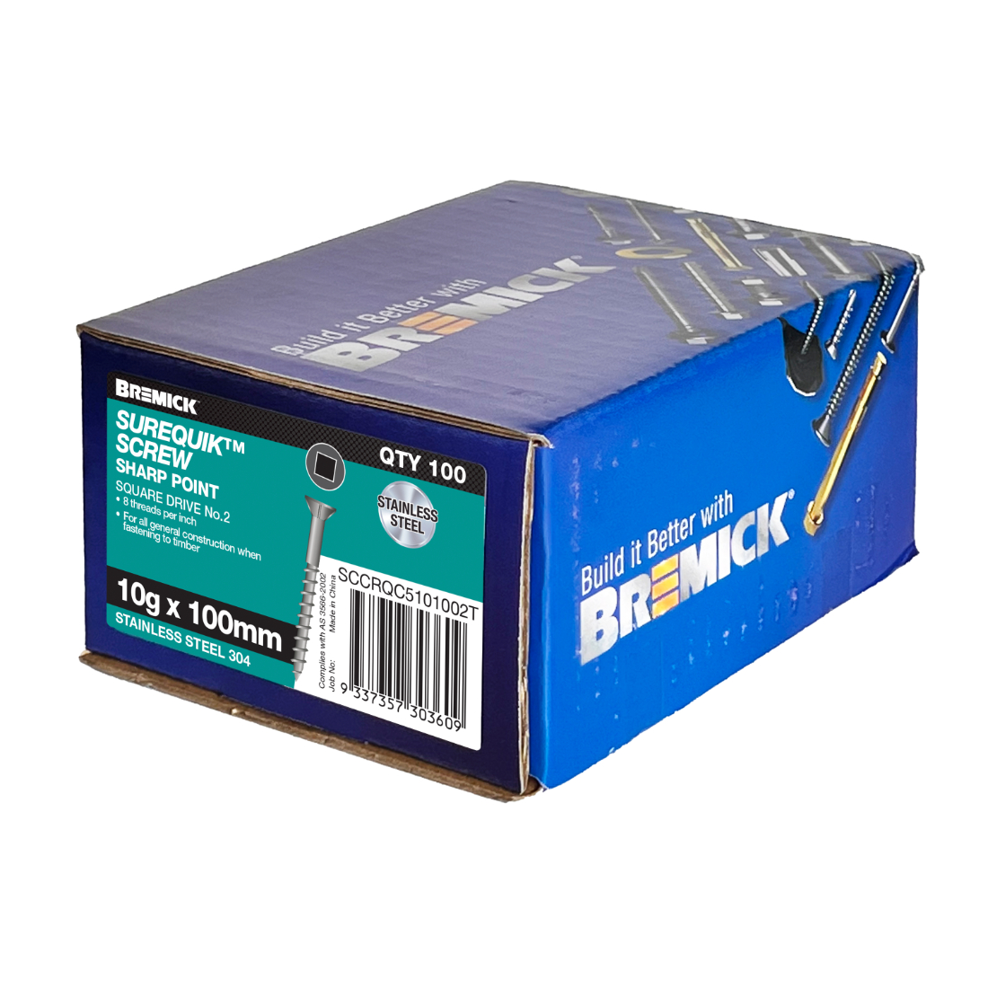 Screw Surefix SureQuik Square Stainless Steel T304 10g x 100mm 100 Box ...