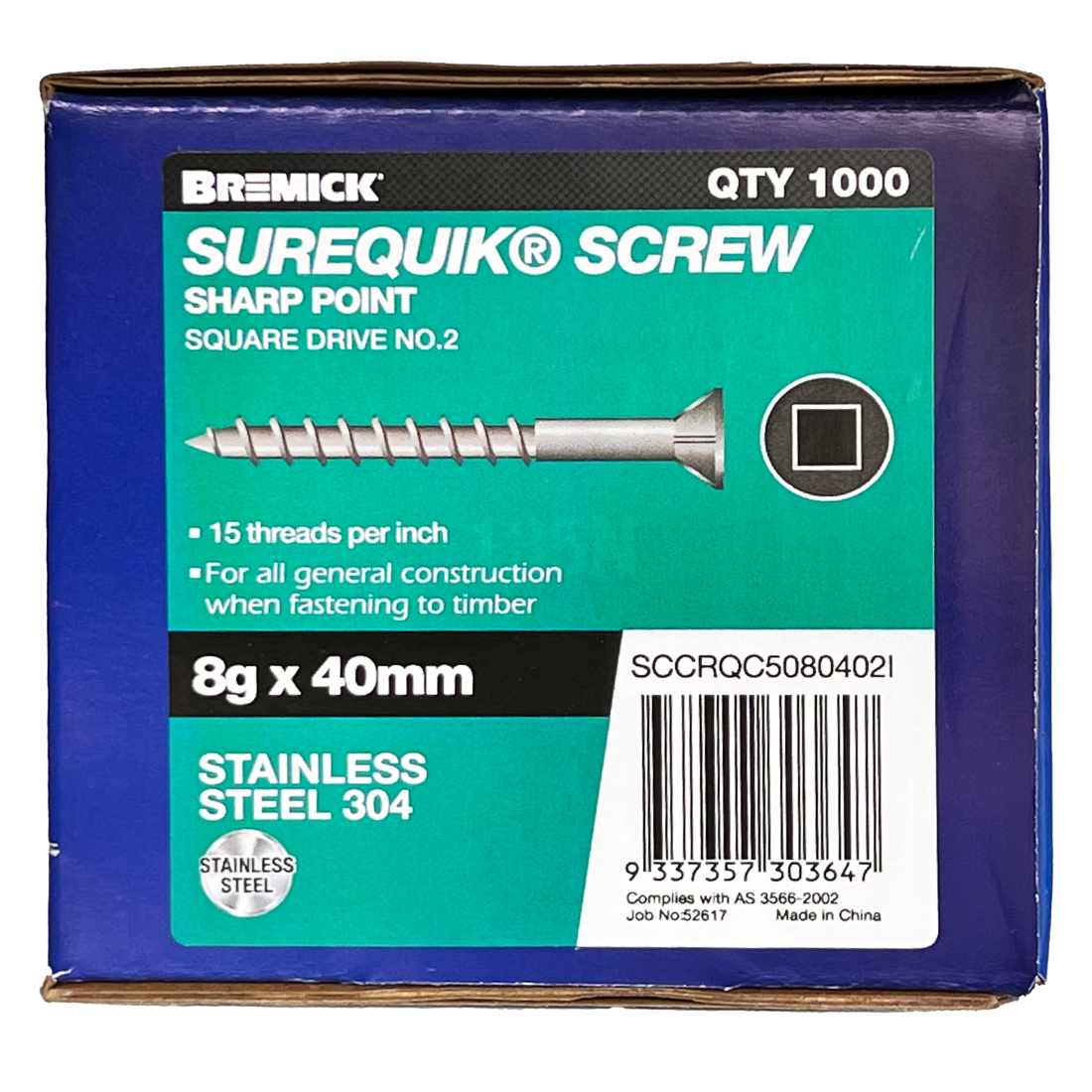 Screw Surefix SureQuik Square Stainless Steel T304 8g x 40mm 1000 Box ...