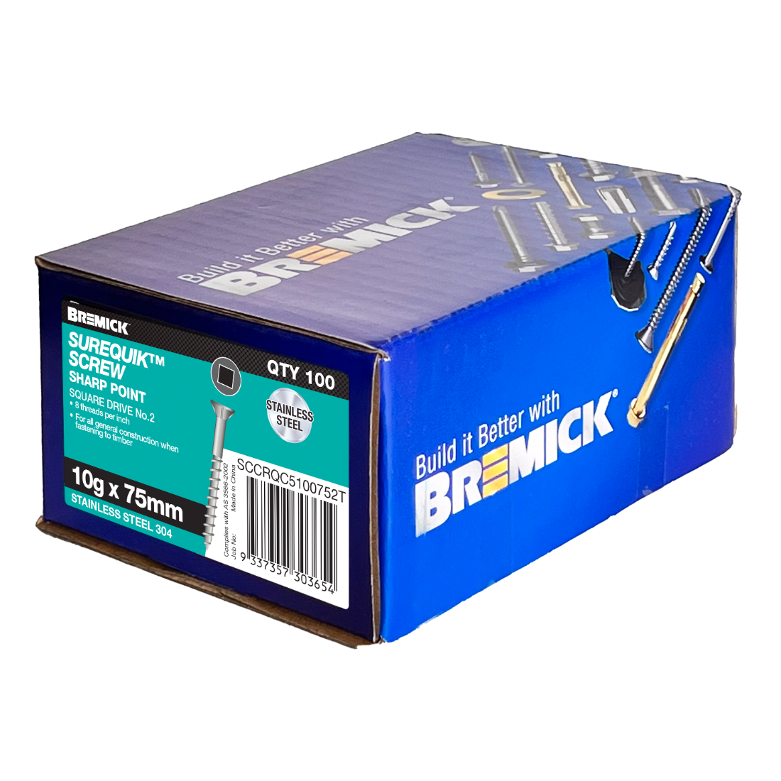 Screw Surefix SureQuik Square Stainless Steel T304 10g x 75mm 100 Box ...