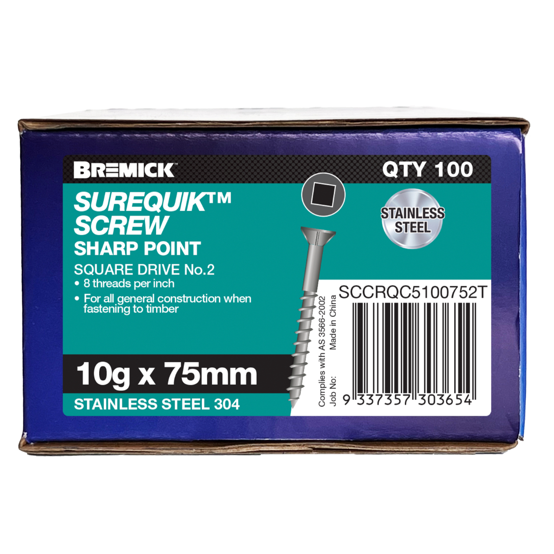 Screw Surefix SureQuik Square Stainless Steel T304 10g x 75mm 100 Box | PlaceMakers NZ