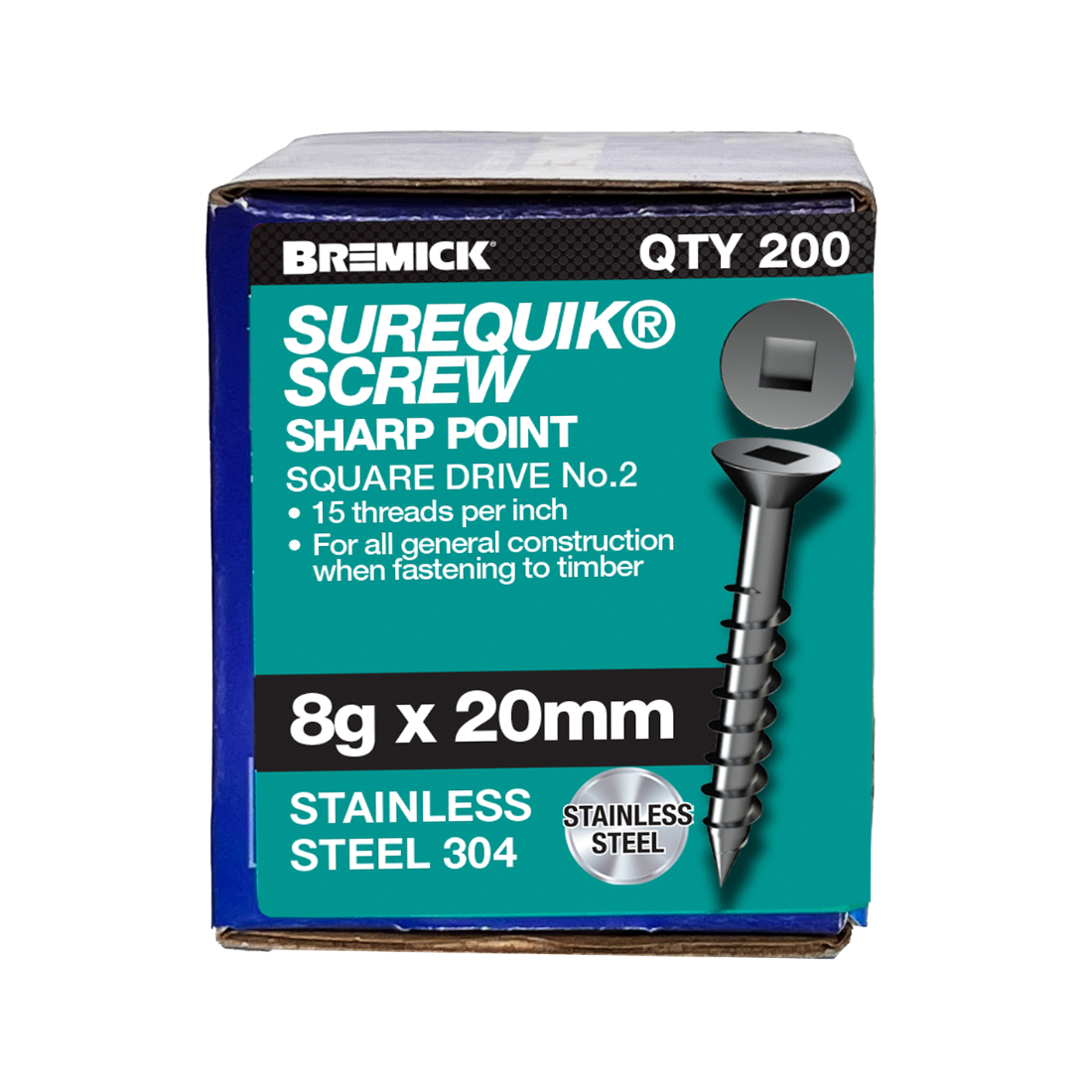 Screw Surefix SureQuik Square Stainless Steel T304 8g x 20mm 200 Box ...