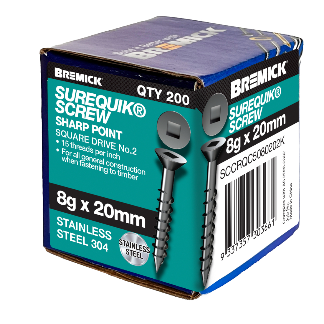 Screw Surefix SureQuik Square Stainless Steel T304 8g x 20mm 200 Box ...