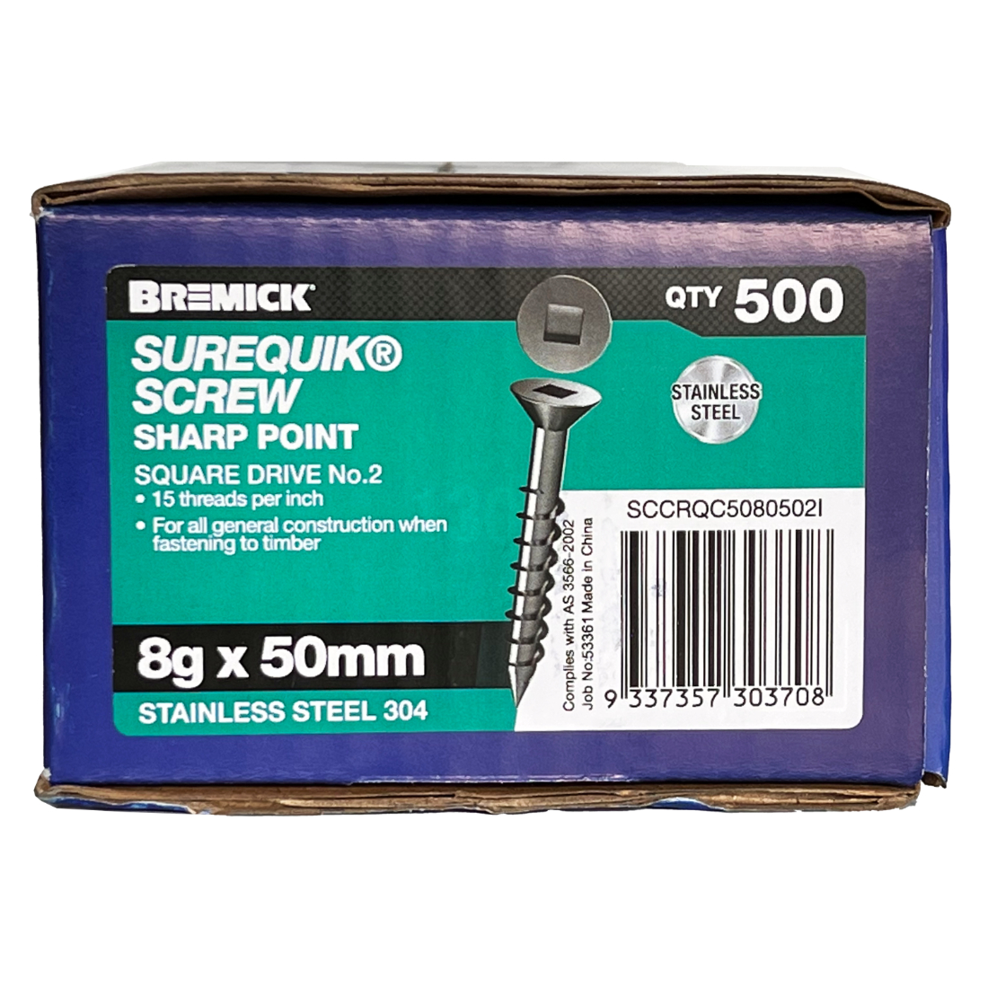 Screw Surefix SureQuik Square Stainless Steel T304 8g x 50mm 500 Box ...