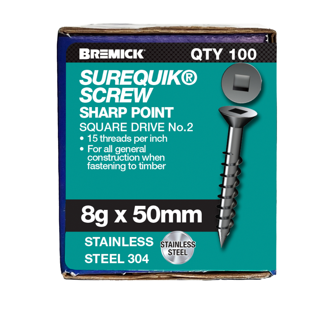 Screw Surefix SureQuik Square Stainless Steel T304 8g x 50mm 100 Box ...