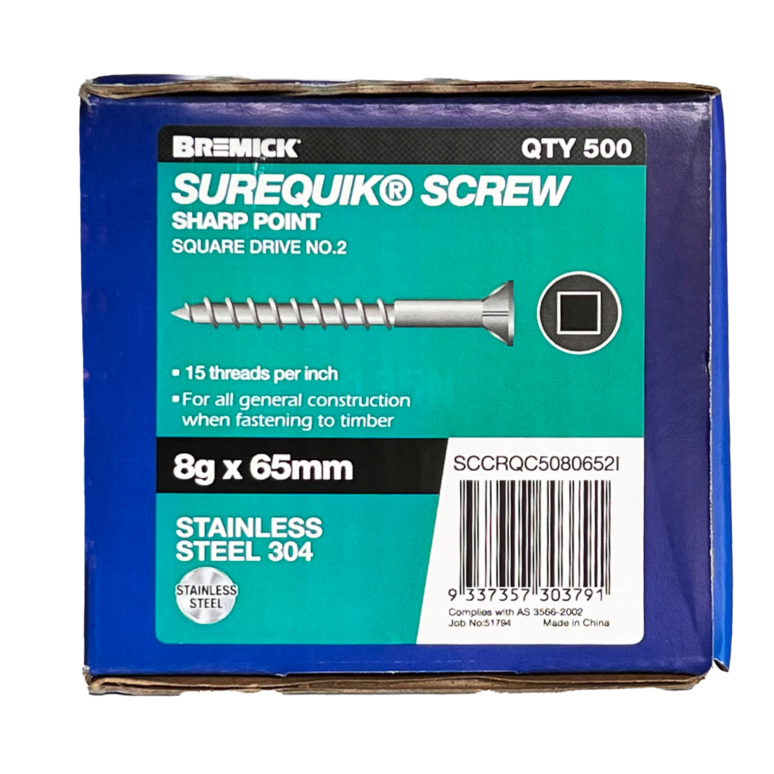 Screw Surefix SureQuik Square Stainless Steel T304 8g x 65mm 500 Box ...