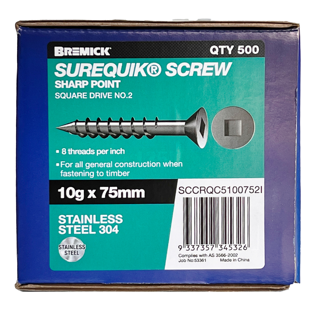 Screw Surefix SureQuik Square Stainless Steel T304 10g x 75mm 500 Box ...