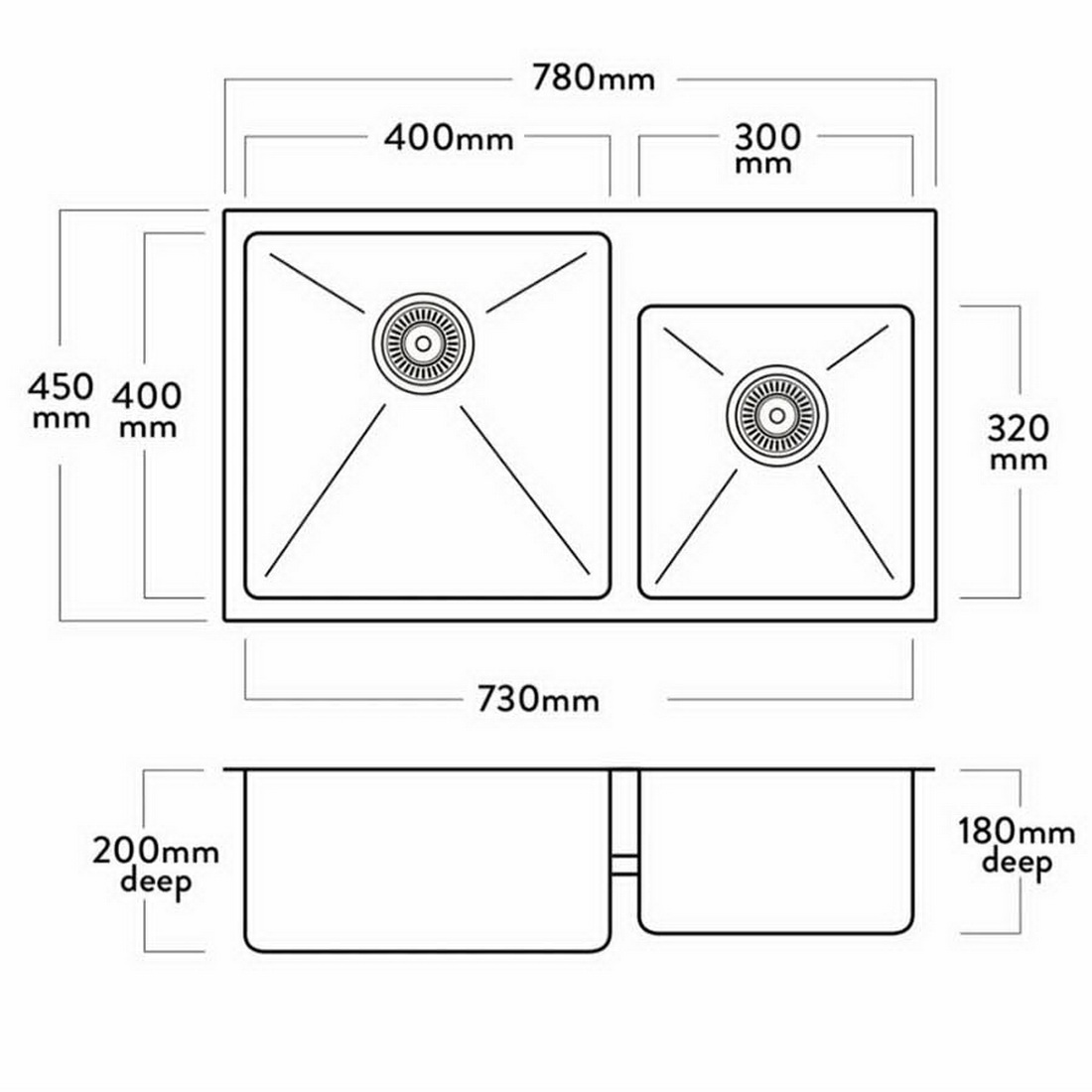 DV Series Kitchen Sink 400 x 400mm + 300 x 320mm Stainless Steel ...
