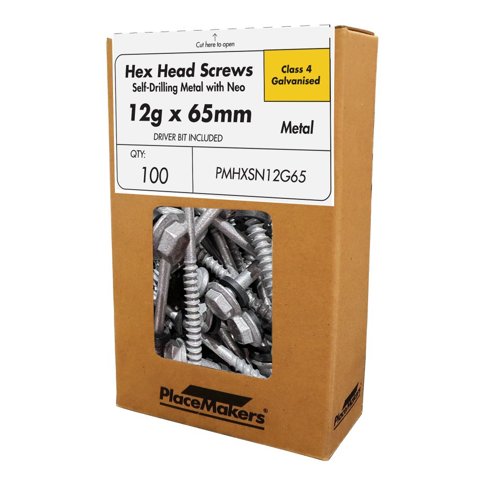 Hex Head SDS Self Drilling Screw Galv CL4 Neo Washer 12g 65mm 100 Pack | PlaceMakers NZ